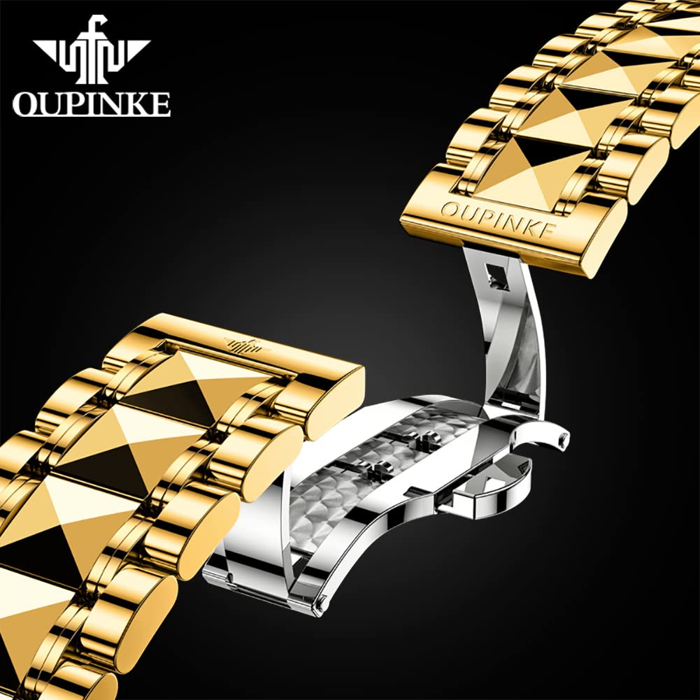 OUPINKE Gold Watches for Mens Automatic Mechanical Luxury Dress Tonneau Tungsten Self Winding Waterproof Male Wrist Watch