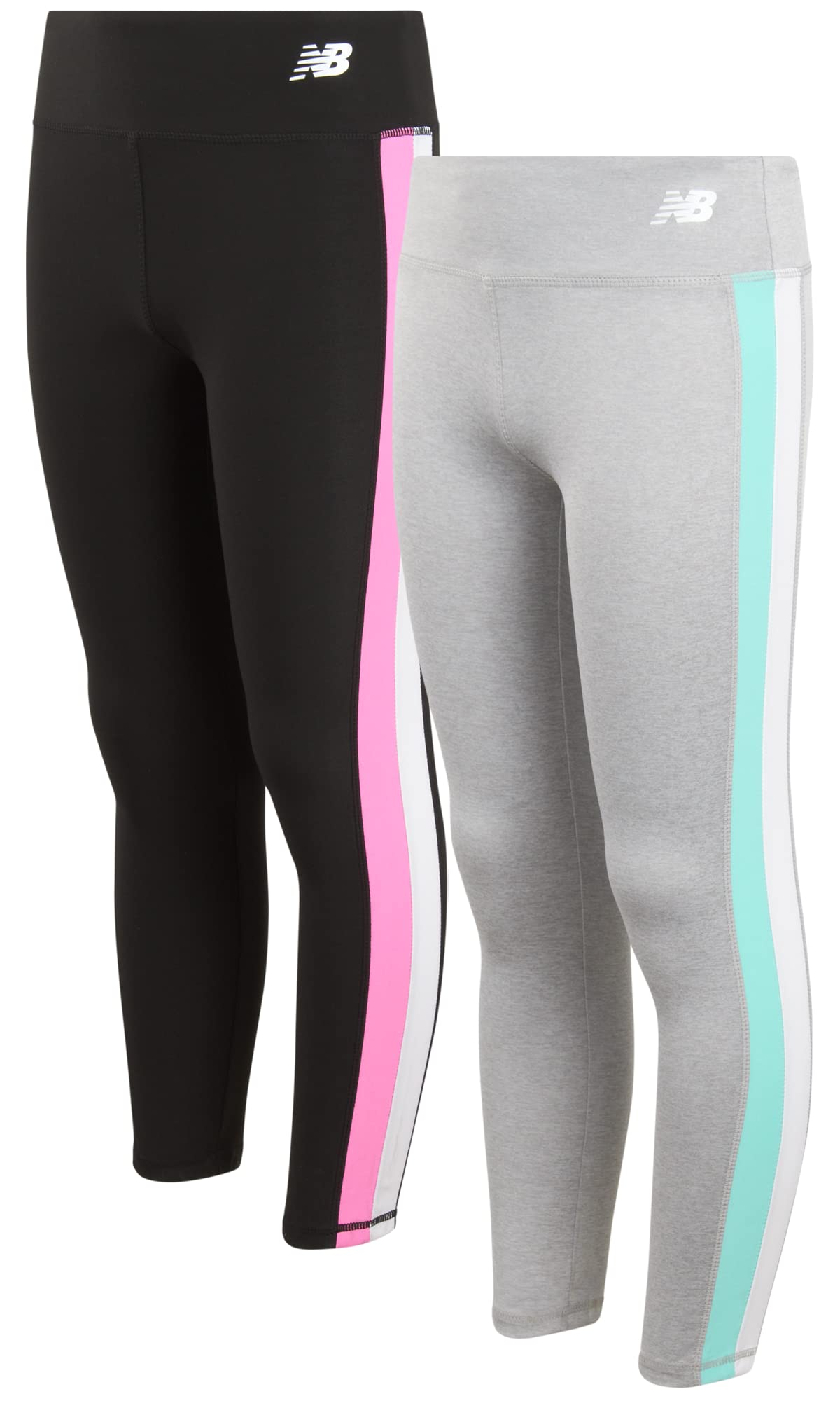 New Balance Girls' Active Leggings - 2 Pack Full Length Performance Yoga Pants (7-16), Size 14-16, Black/Pink Grey