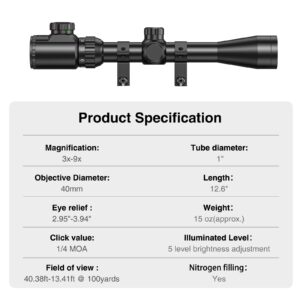 CVLIFE 3-9x40 Rifle Scope, Red & Green Illuminated Optical Riflescope, Mil-dot Reticle Scope for Hunting with Mounts