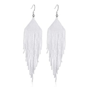 Handmade Beaded Tassel Earrings - Boho Drop Fringe Earrings for women, Native American Indian Earrings (Long White)