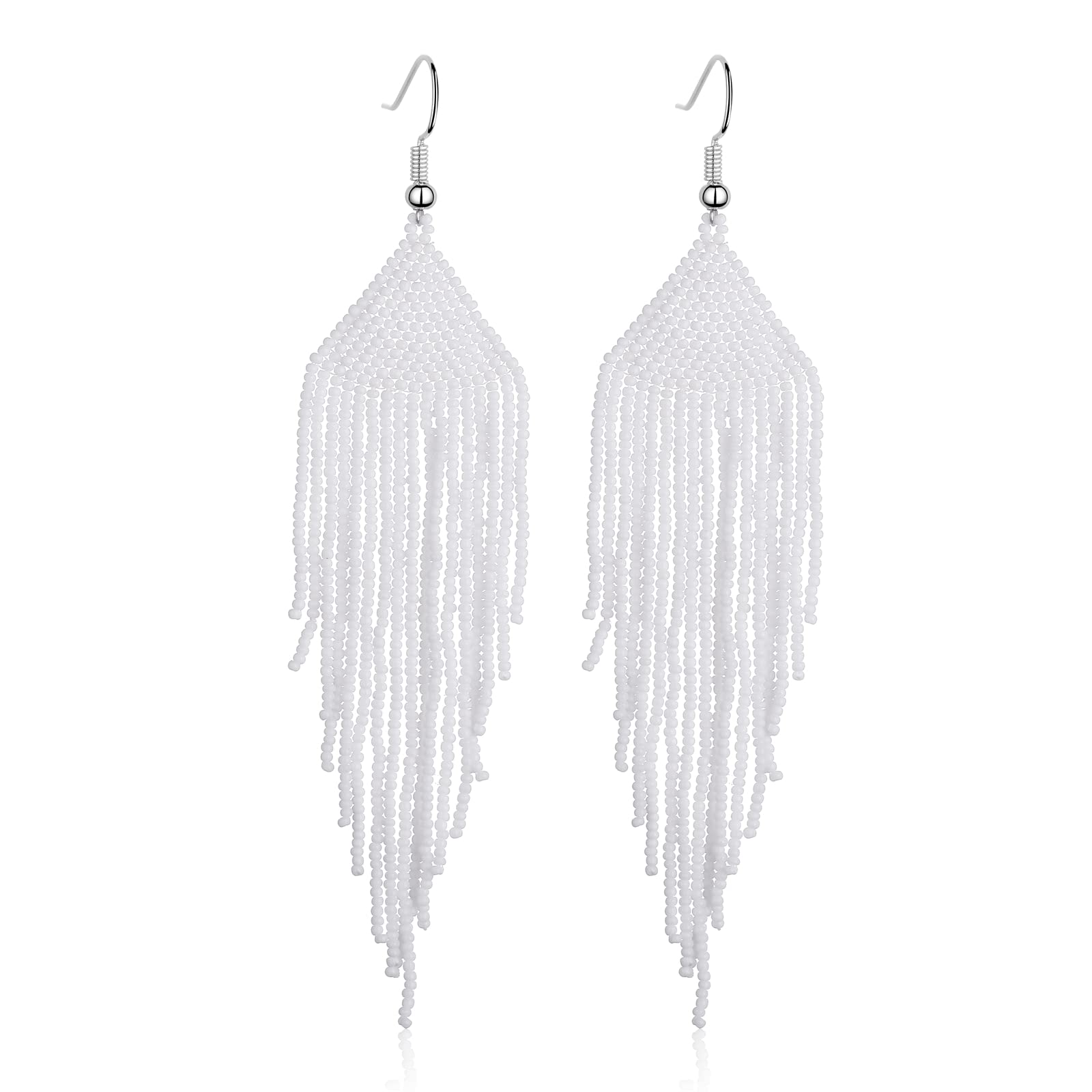 Handmade Beaded Tassel Earrings - Boho Drop Fringe Earrings for women, Native American Indian Earrings (Long White)