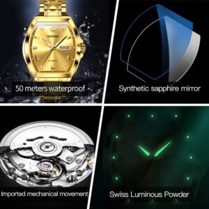 OUPINKE Gold Watches for Mens Automatic Mechanical Luxury Dress Tonneau Tungsten Self Winding Waterproof Male Wrist Watch