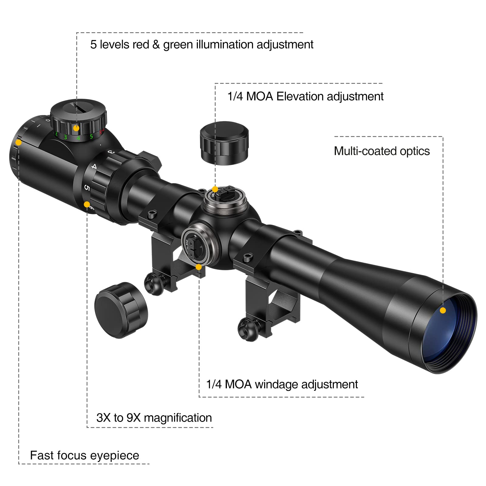 CVLIFE 3-9x40 Rifle Scope, Red & Green Illuminated Optical Riflescope, Mil-dot Reticle Scope for Hunting with Mounts