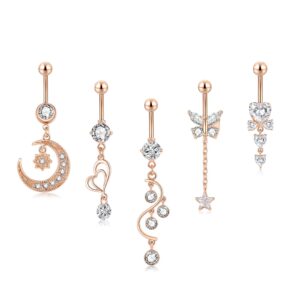 dangle belly button rings for women men, 5 pcs 14g surgical stainless steel cz drop belly rings | long cubic zirconia navel rings dangle reverse curved barbell body piercing jewelry (rose gold)