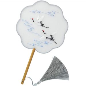 handmade folding fan fan round fan fan embroidery crane embroidery hanfu fan silk long handle summer cool handheld fan (color : white)