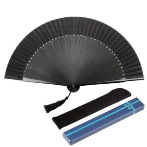 handmade folding fan oriental handmade portable pocket fan chinese style hand fan black silk fabric bamboo handheld folding fan handheld fan (color : black)