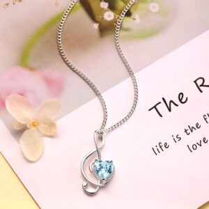 White Gold 925 Sterling Silver Blue Aquamarine Heart Treble Bass Clef Music Lovers Note Pendant Necklaces for Women Men March Birthstone Musical Rock Jewelry Birthday Mother Day Christmas Gifts