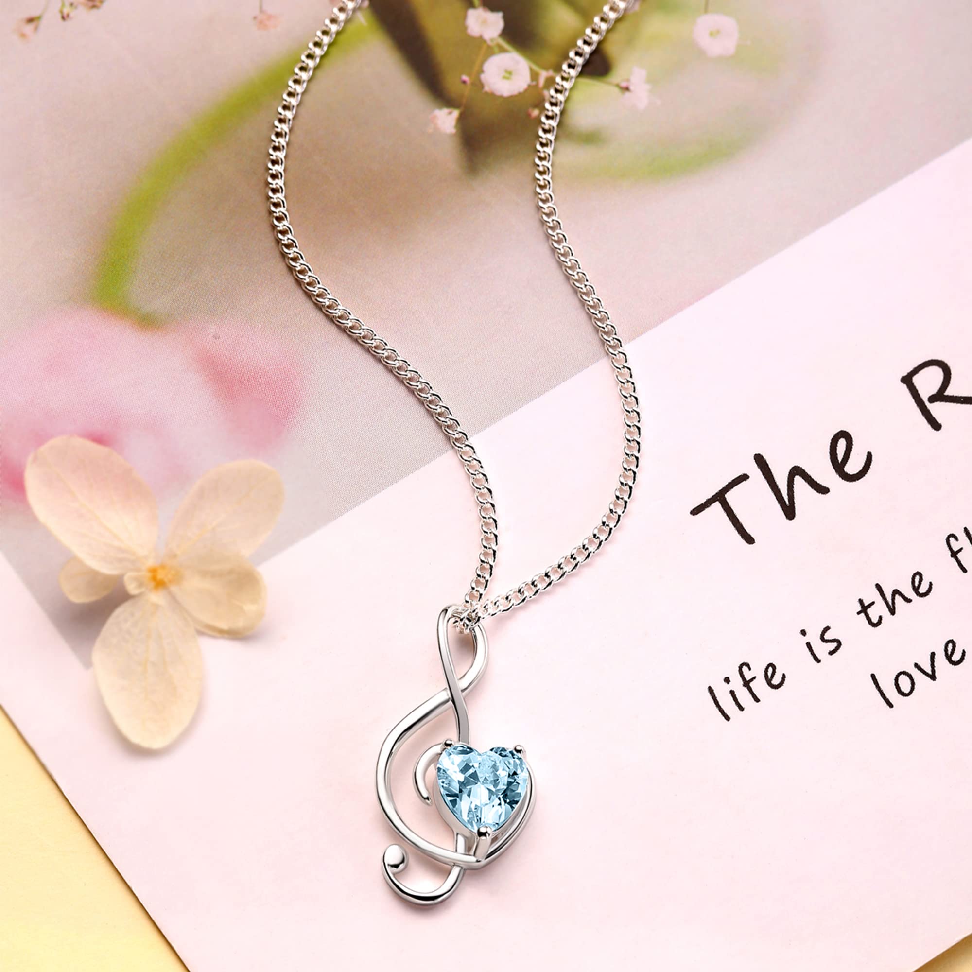 White Gold 925 Sterling Silver Blue Aquamarine Heart Treble Bass Clef Music Lovers Note Pendant Necklaces for Women Men March Birthstone Musical Rock Jewelry Birthday Mother Day Christmas Gifts