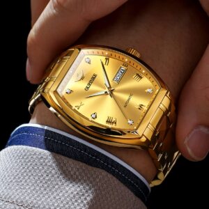 OUPINKE Gold Watches for Mens Automatic Mechanical Luxury Dress Tonneau Tungsten Self Winding Waterproof Male Wrist Watch