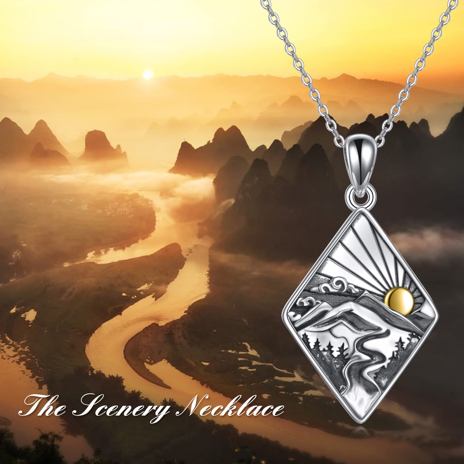 ONEFINITY Mountain Necklace for Women Range River Cloud Sunrise Sterling Silver Pendant Nature Graduation Jewelry for Womens Hiker Camper Climber