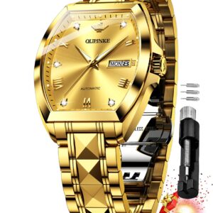 OUPINKE Gold Watches for Mens Automatic Mechanical Luxury Dress Tonneau Tungsten Self Winding Waterproof Male Wrist Watch