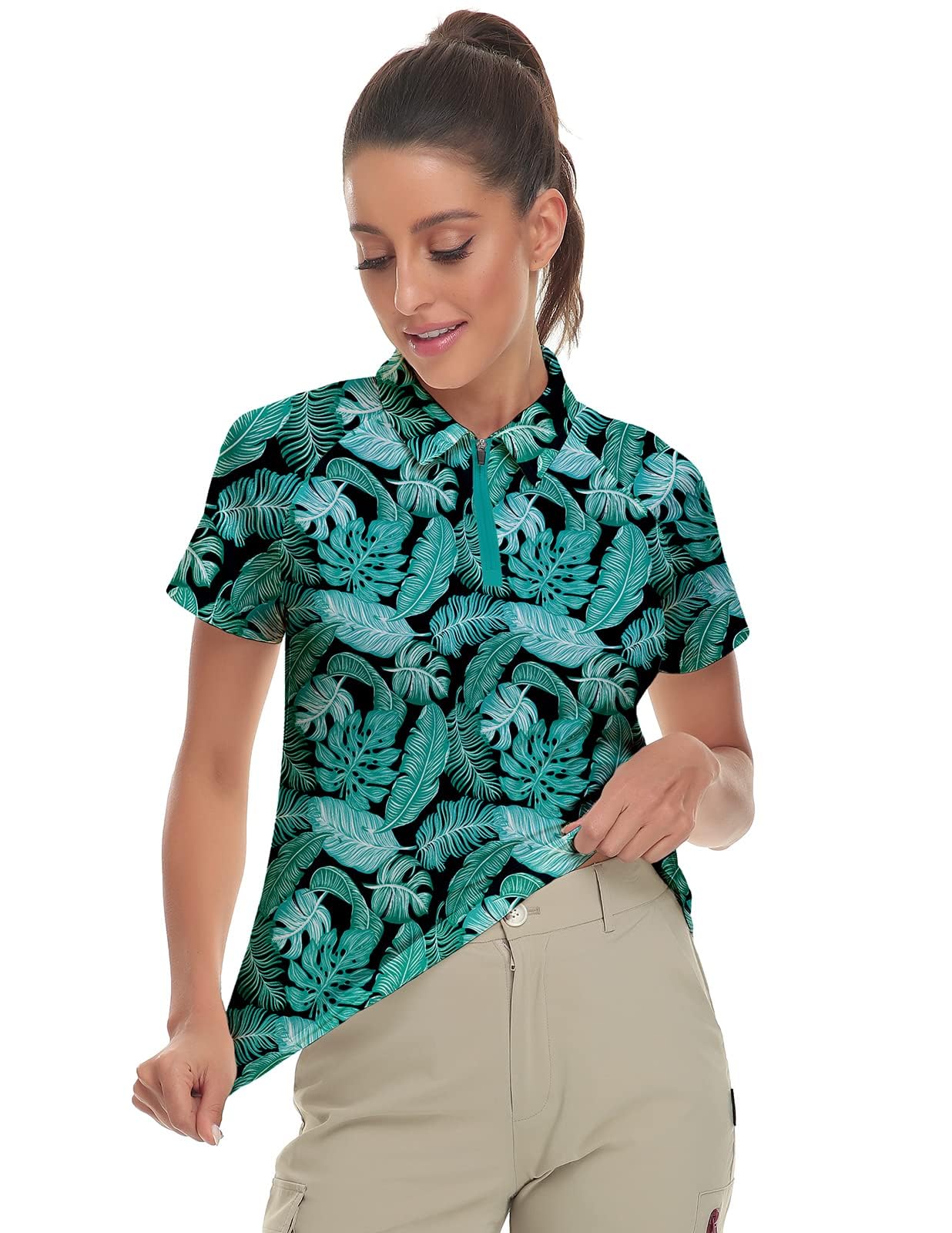 Women Summer Floral Print Polo Shirts Short Sleeve Golf Shirts Dry Fit (Green Printed, Large)