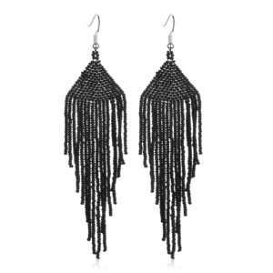 Handmade Beaded Tassel Earrings - Boho Drop Fringe Earrings for women, Native American Indian Earrings (Long Black)