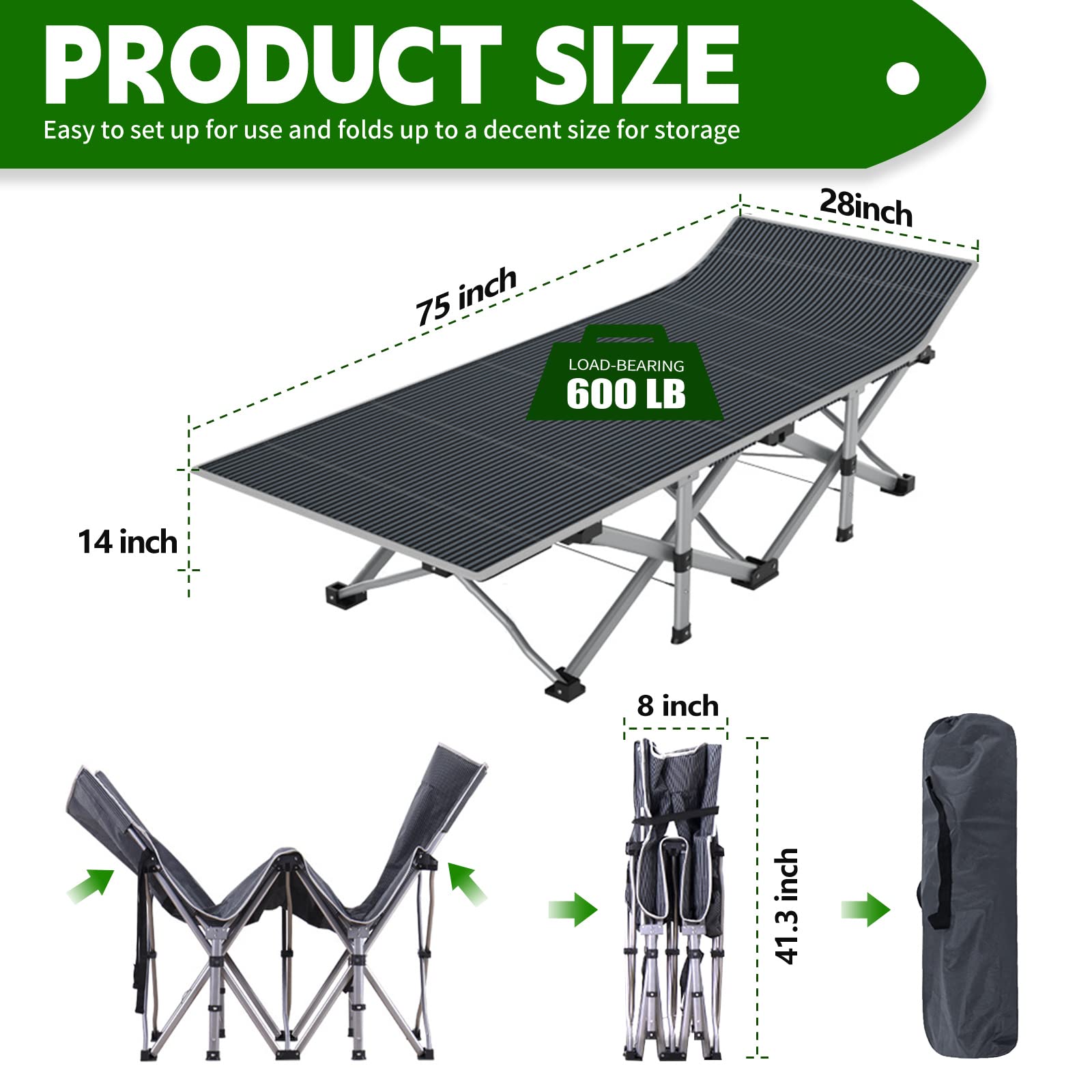 NAIZEA Folding Camping Cots for Adults Heavy Duty Cot with Mattress, Portable Sleeping Cot Folding Outdoor Bed with Carry Bag, Folding Camping Bed Guest Bed Military Cot Tent Cot for Indoor & Outdoor