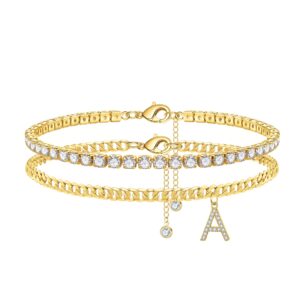 iefshiny ankle bracelets for women, 14k gold plated gold anklets for women teen girls layered ankle bracelets initial ankle bracelet letter a cubic zirconia tennis anklet for women jewelry gifts