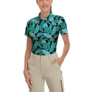 Women Summer Floral Print Polo Shirts Short Sleeve Golf Shirts Dry Fit (Green Printed, Large)