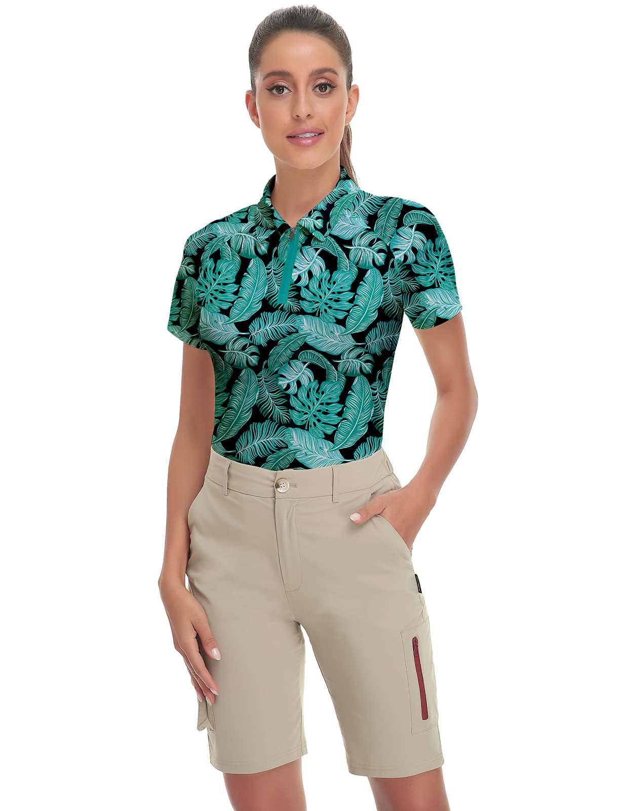 Women Summer Floral Print Polo Shirts Short Sleeve Golf Shirts Dry Fit (Green Printed, Large)