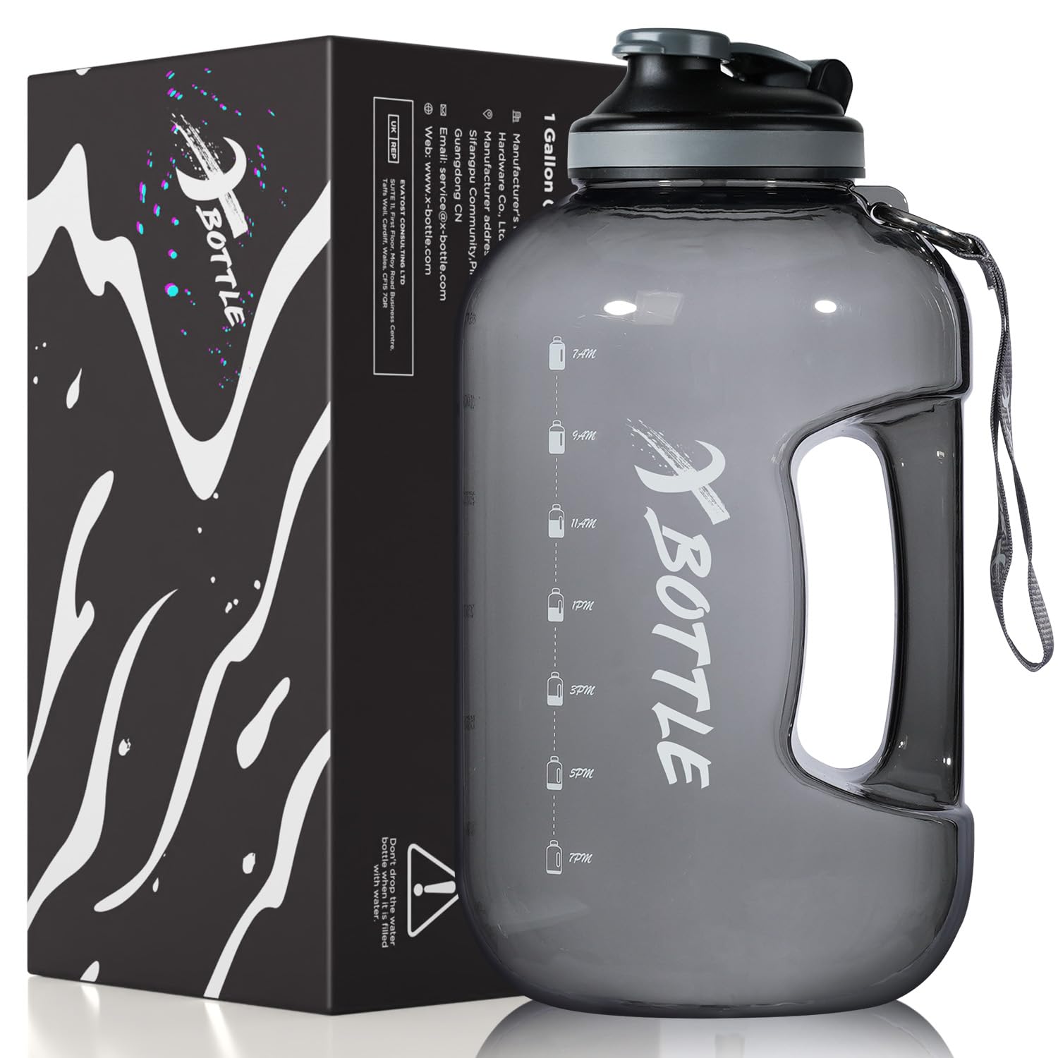 1 Gallon Water Bottle with Chug lid , BPA Free Dishwasher Safe 128oz Large Water Bottle with Motivational Time Marker and Handle Leak-proof Big Black Water Jug for Camping Sports Workouts (chug lid)