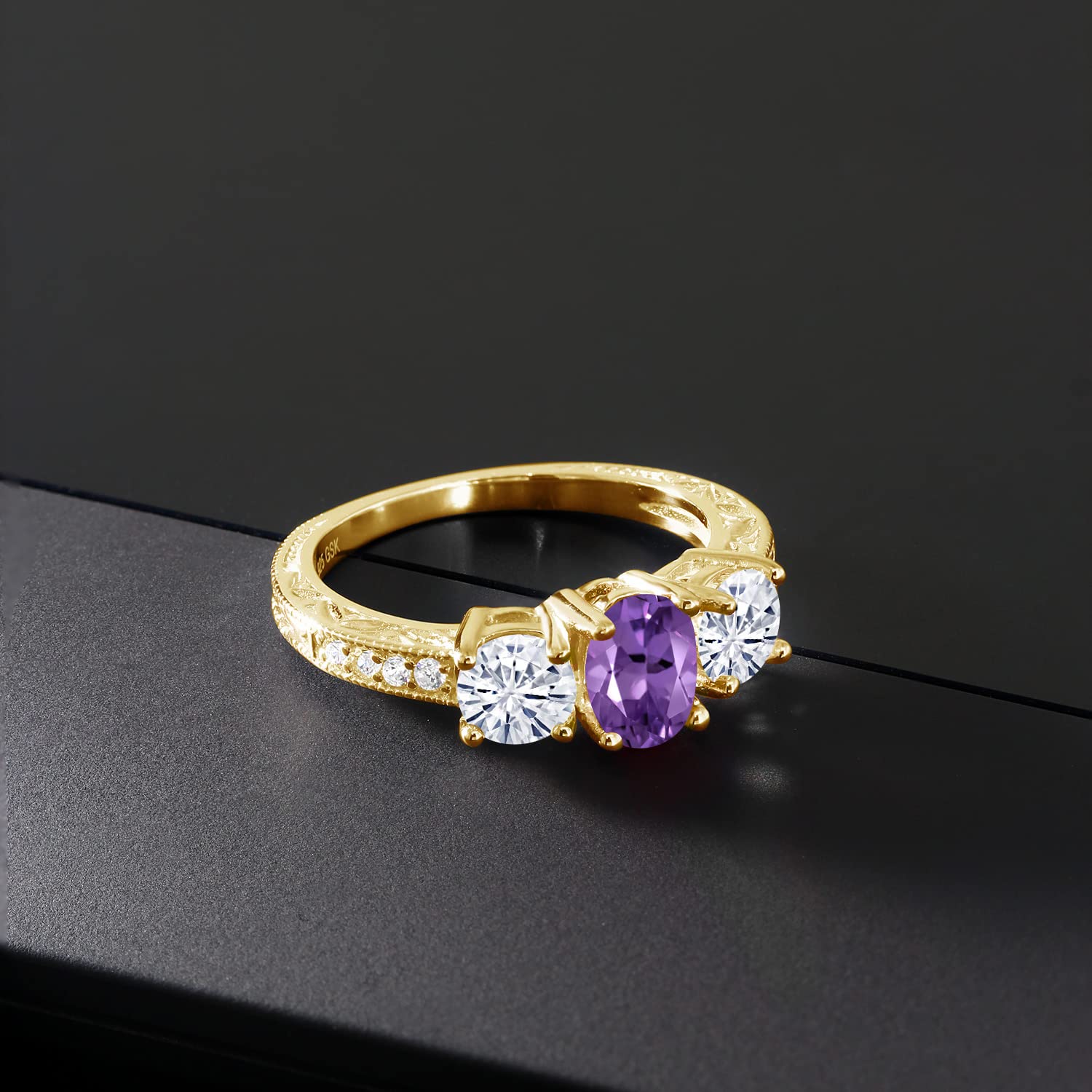 Gem Stone King 18K Yellow Gold Plated Silver 3-Stone Ring Amethyst Moissanite(1.87 Cttw) (Size 9)