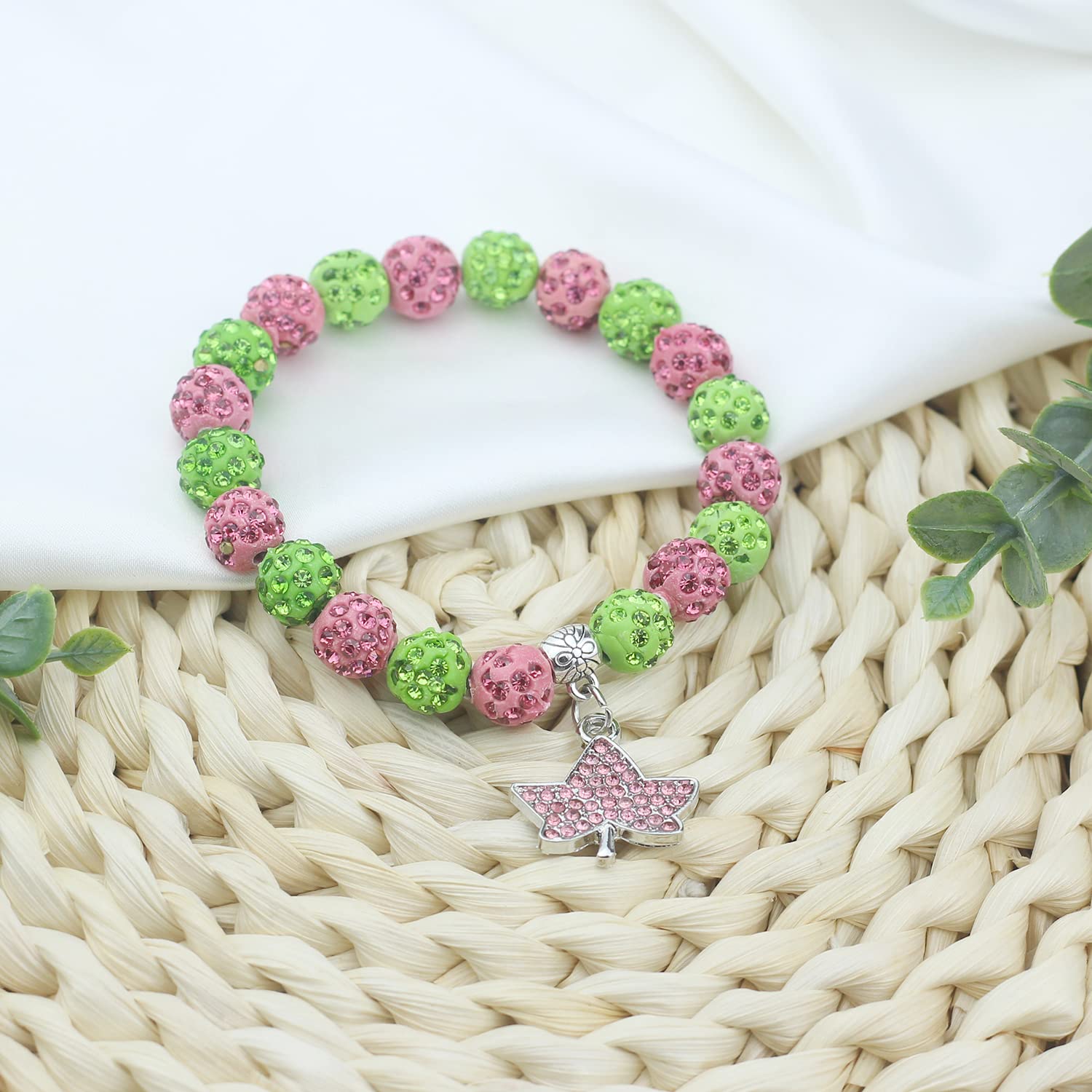 Sorority Gift for Women Greek Sorority Paraphernalia Bracelet Crystal Leaf Charm Bracelet Pink and Green Jewelry Sisterhood Gift (Leaf Bracelet)