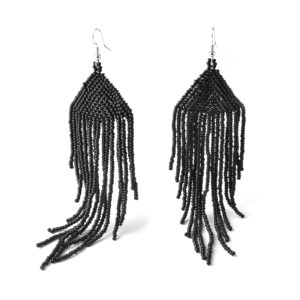 handmade beaded tassel earrings - boho drop fringe earrings for women, native american indian earrings (long black)