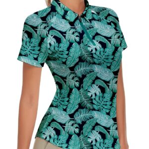 Women Summer Floral Print Polo Shirts Short Sleeve Golf Shirts Dry Fit (Green Printed, Large)