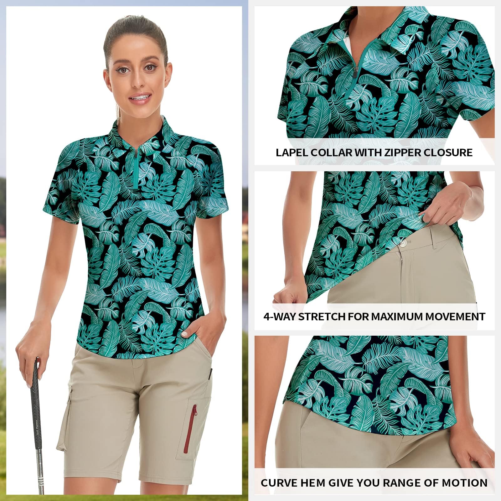 Women Summer Floral Print Polo Shirts Short Sleeve Golf Shirts Dry Fit (Green Printed, Large)