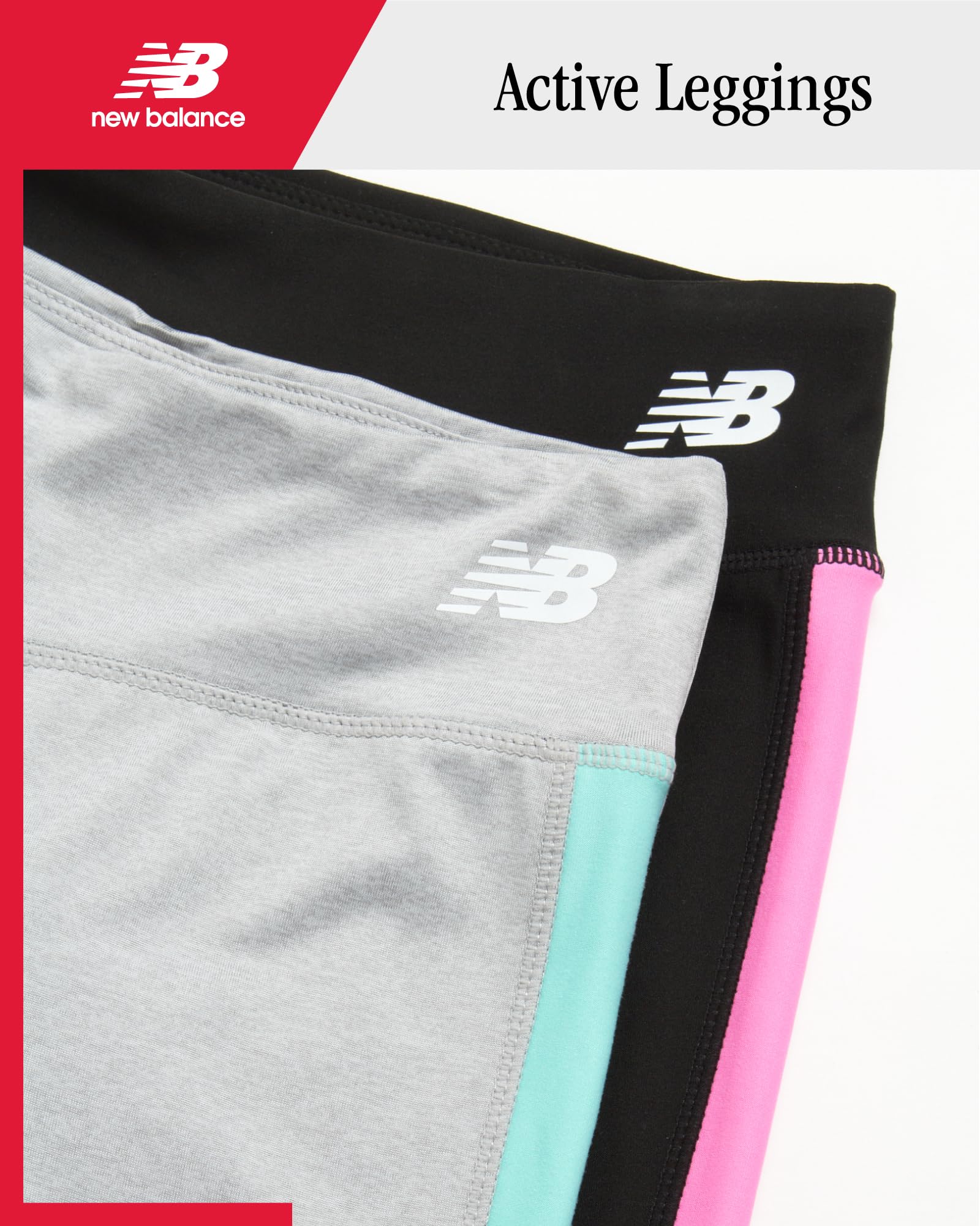 New Balance Girls' Active Leggings - 2 Pack Full Length Performance Yoga Pants (7-16), Size 14-16, Black/Pink Grey