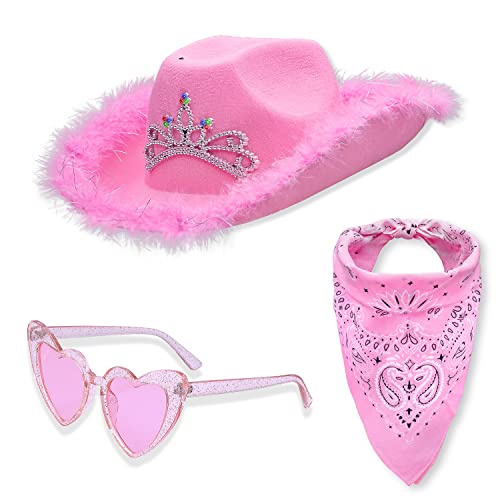 COLLECT PRESENT Light up Pink Cowboy & Cowgirl Hat for Women | Western Cowboy Style Light Up Tiara with Pink Bandana and Pink Heart Shape Sunglasses