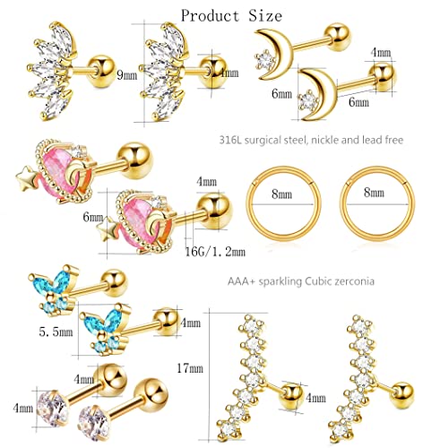 EVISPOL 7Pairs Cartilage Earring, Conch Piercing Jewelry Tragus Piercing Jewelry Helix Piercing Jewelry Daith Piercing Jewelry Rook Piercing Jewelry for Women Men-7Pairs-Gold2