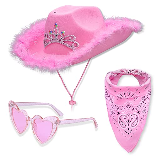 COLLECT PRESENT Light up Pink Cowboy & Cowgirl Hat for Women | Western Cowboy Style Light Up Tiara with Pink Bandana and Pink Heart Shape Sunglasses