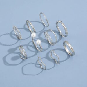 Chmier 10 Pcs Boho Knuckle Rings Set Dainty Twist Wave Minimalist Stackable Rings Pearl Statement Rings for Women