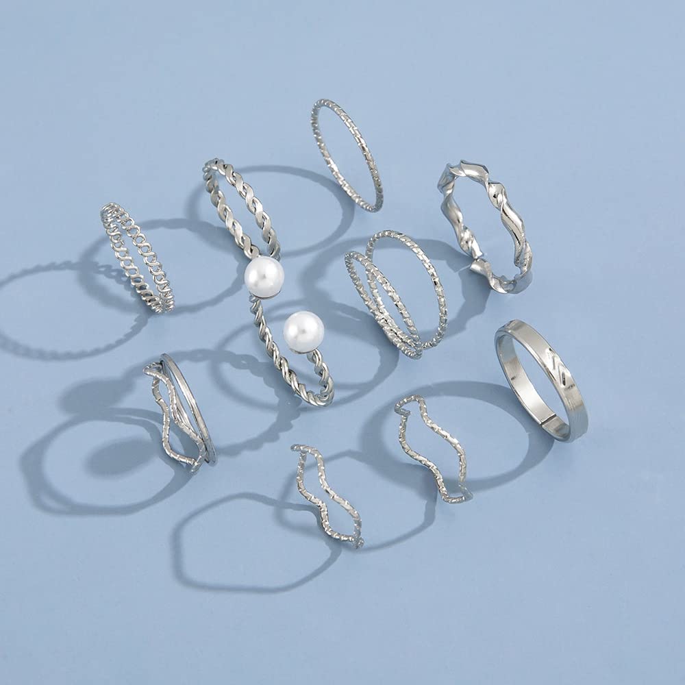 Chmier 10 Pcs Boho Knuckle Rings Set Dainty Twist Wave Minimalist Stackable Rings Pearl Statement Rings for Women