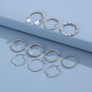 Chmier 10 Pcs Boho Knuckle Rings Set Dainty Twist Wave Minimalist Stackable Rings Pearl Statement Rings for Women