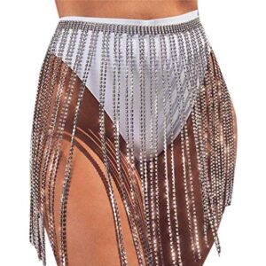 jemiwa rhinestone fringe belt skirt sliver sparkly tassel body chain wrap skirts crystal belly dance hip scarf rave belts outfit for women (silver)