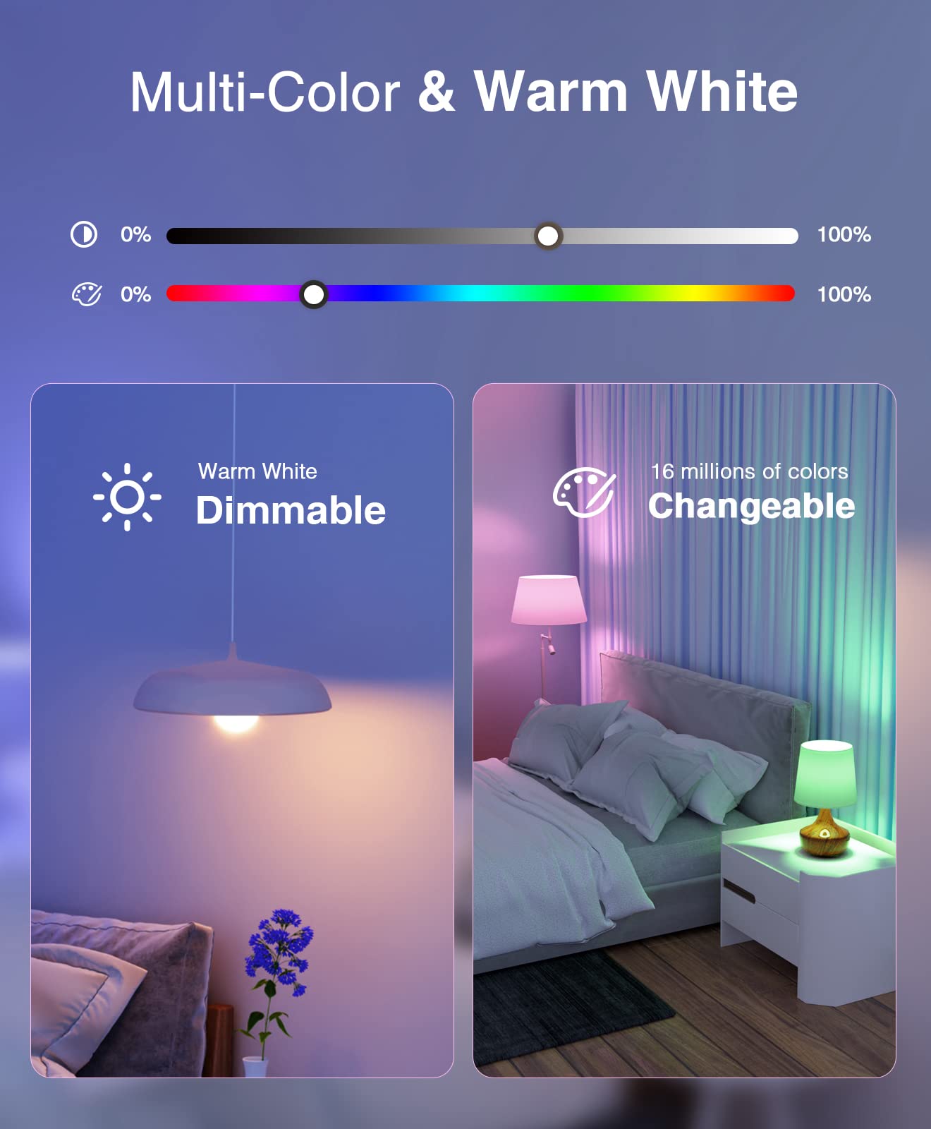 OHMAX Smart Light Bulbs, Color Changing Light Bulbs A19 E26 75W Equivalent, WiFi Light Bulbs Smart Bulbs Work with Alexa Google Home No Hub Required, Dimmable 2700K Warm White, 800 Lumens, 2 Pack