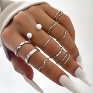 Chmier 10 Pcs Boho Knuckle Rings Set Dainty Twist Wave Minimalist Stackable Rings Pearl Statement Rings for Women