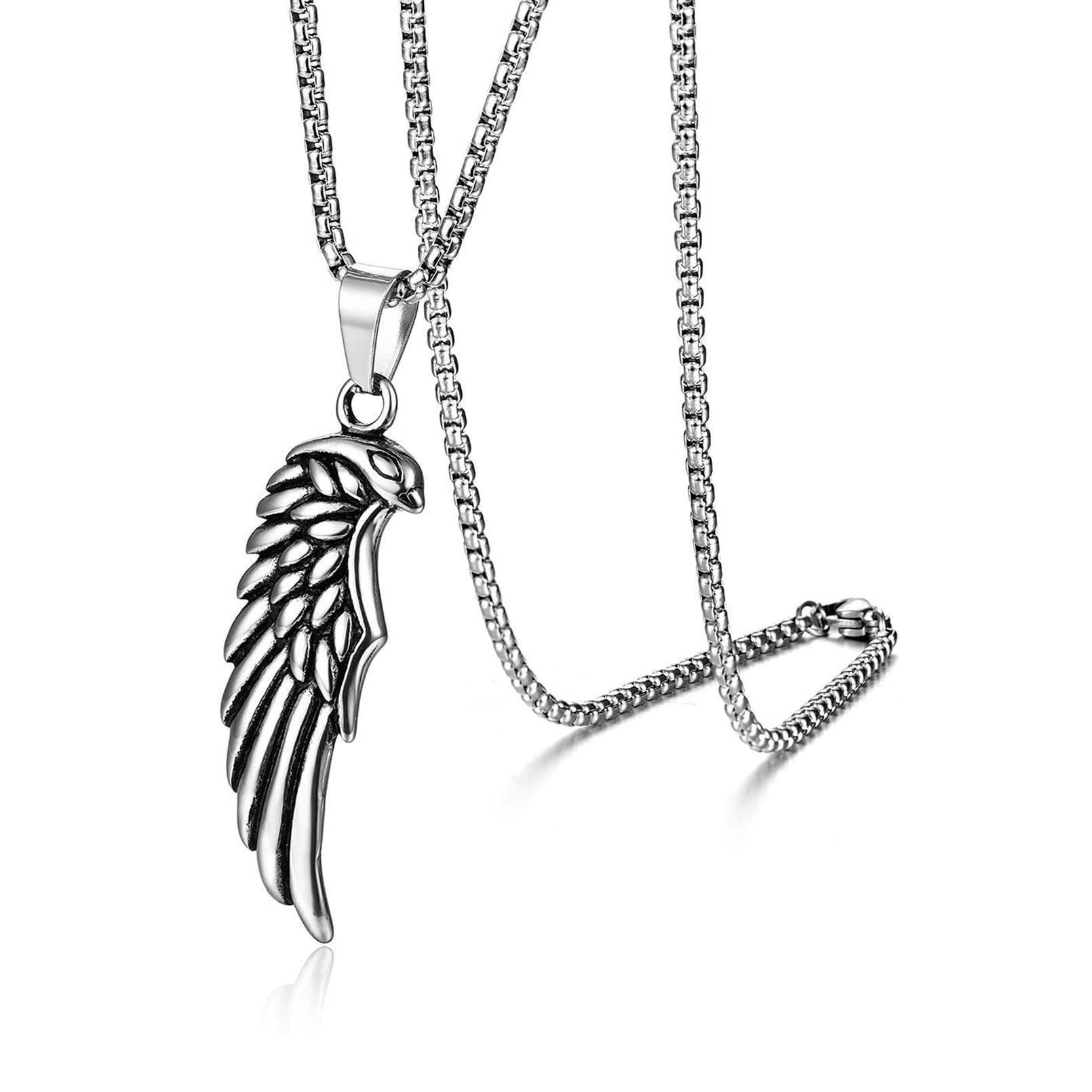 Mgutillart Punk Titanium Steel Angel Wing Pendant Feather Necklace(Steel)