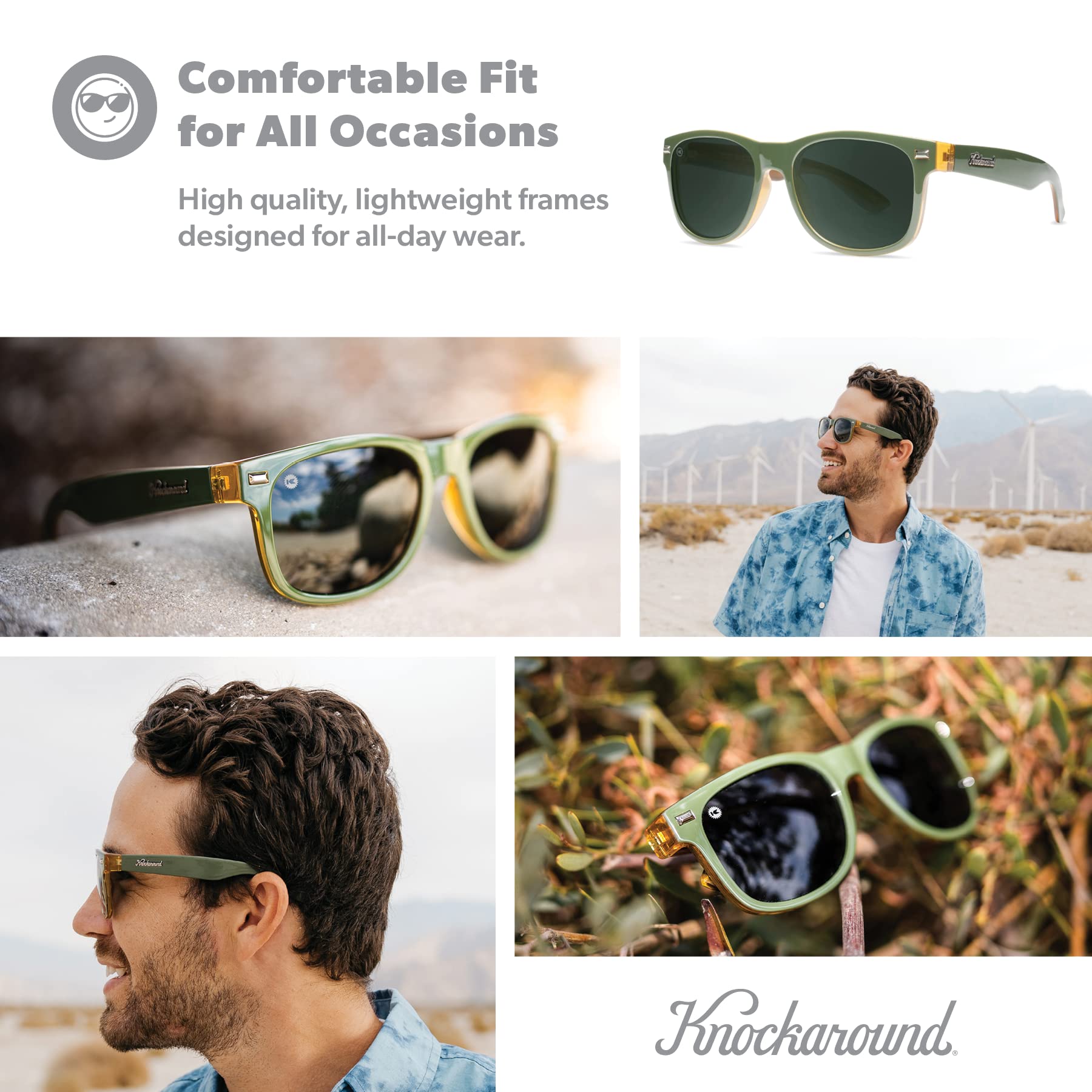 Knockaround Fort Knocks Polarized Sunglasses for Men & Women - Impact Resistant Lenses & Full UV400 Protection, Army Green and Amber Frames/Aviator Green Lenses