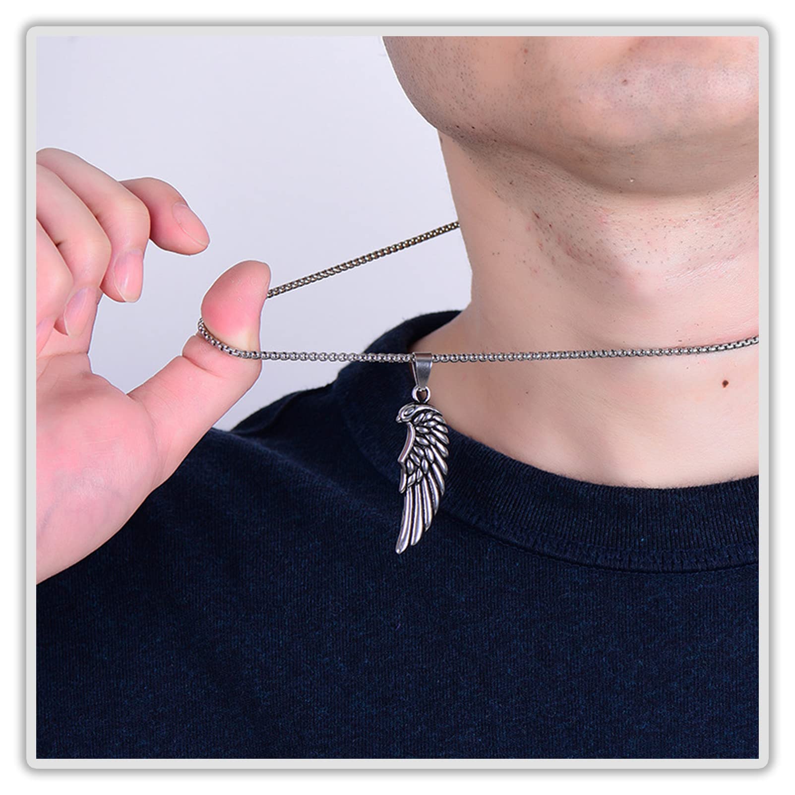 Mgutillart Punk Titanium Steel Angel Wing Pendant Feather Necklace(Steel)