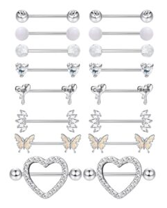 besteel 8 pairs nipple rings 14g stainless steel nipplerings cz heart butterfly ball tongue barbell rings retainer body piercing jewelry for women silver