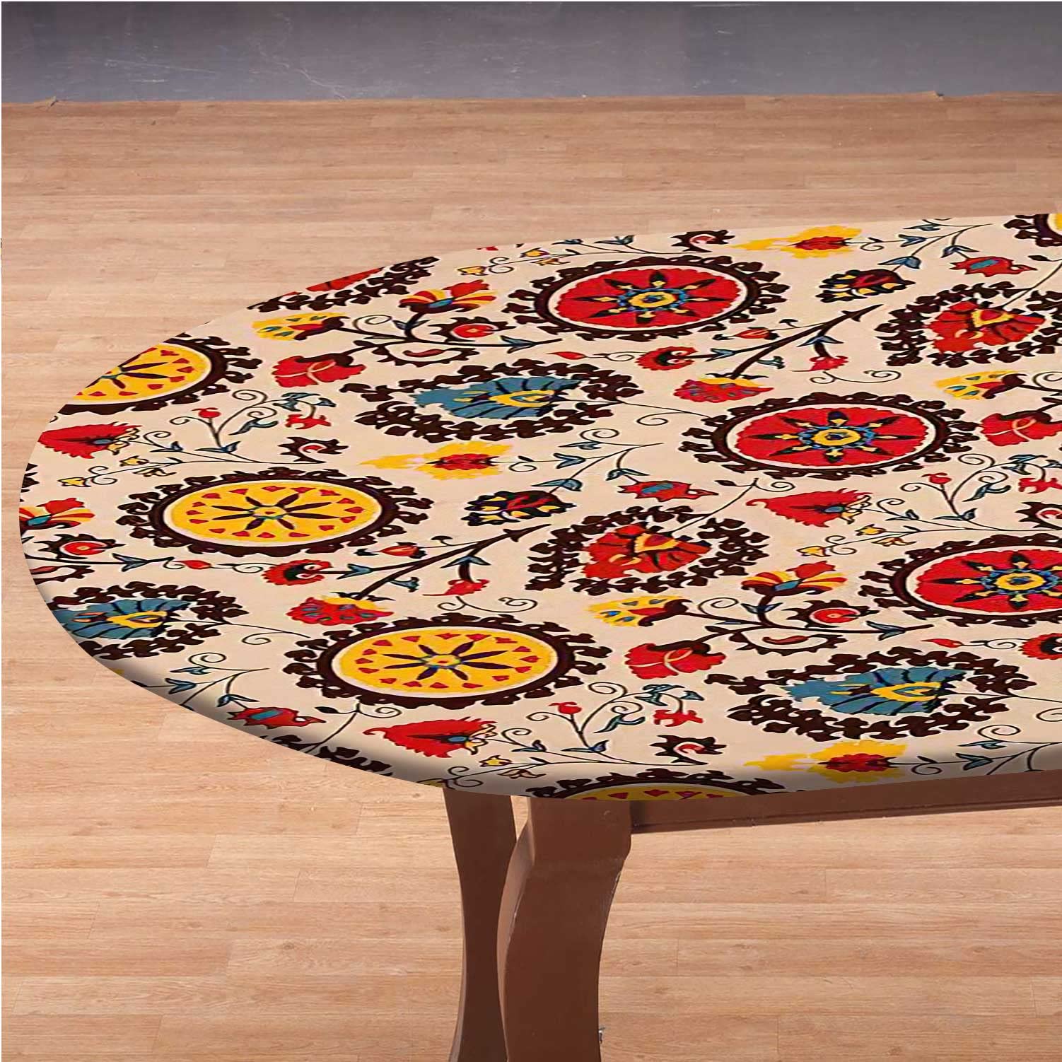 Atury Boho Sunflower Oval Fitted Tablecloths, Fantasy Flower Elastic Edged Table Cover, Waterproof Table Cloth Wrinkle Resistant Decor Indoor Family Banquet Use Fits Oblong 48'' x 72'' Table