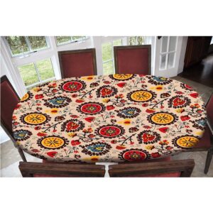 Atury Boho Sunflower Oval Fitted Tablecloths, Fantasy Flower Elastic Edged Table Cover, Waterproof Table Cloth Wrinkle Resistant Decor Indoor Family Banquet Use Fits Oblong 48'' x 72'' Table