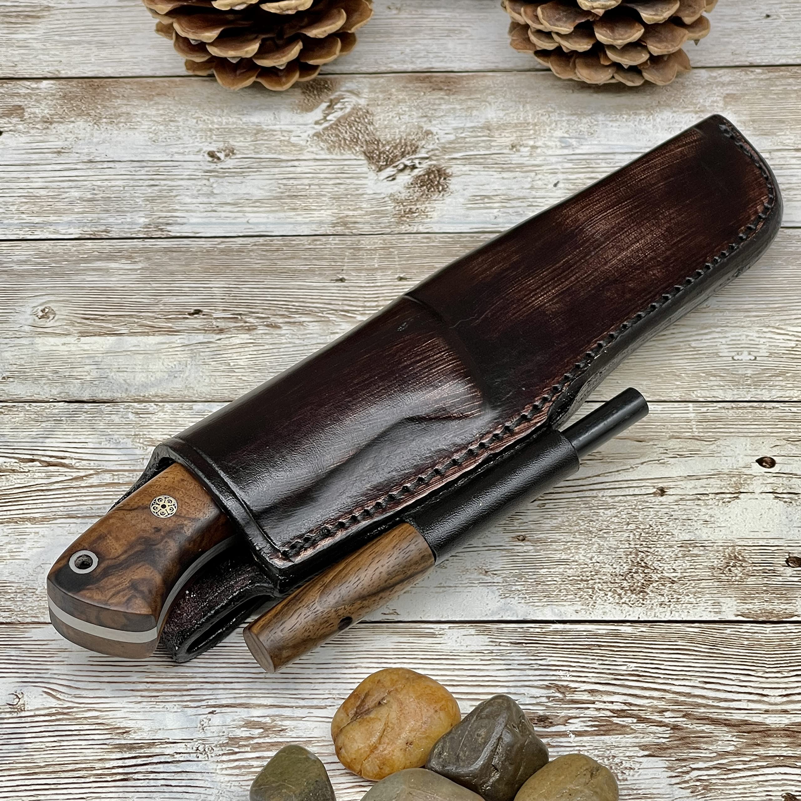 Handmade Fixed Blade Outdoor Knife with Sheath – Hunting, Bushcraft, Self Defense Bowie Knife – Tracker Knife with Wooden Handle & N690 German Bohler Steel Blade – Leather Sheath & Flint Rod Included