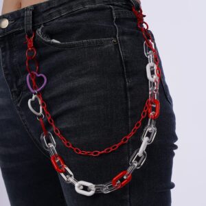 YERTTER Layered Acrylic Color Pants Chain Gothic Chunky Chain Jeans Chain Long Chain Pendant Heart Circle Ring Pocket Chain Hipster Chunky Thick Wallet Pocket Keychains Belt Waist Chain Women Men (Red)