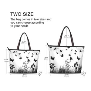 Tote Bag Black Butterfly Print, Large Capacity Zipper Women Grocery Bags Purse for Daily Life 2 Sizes