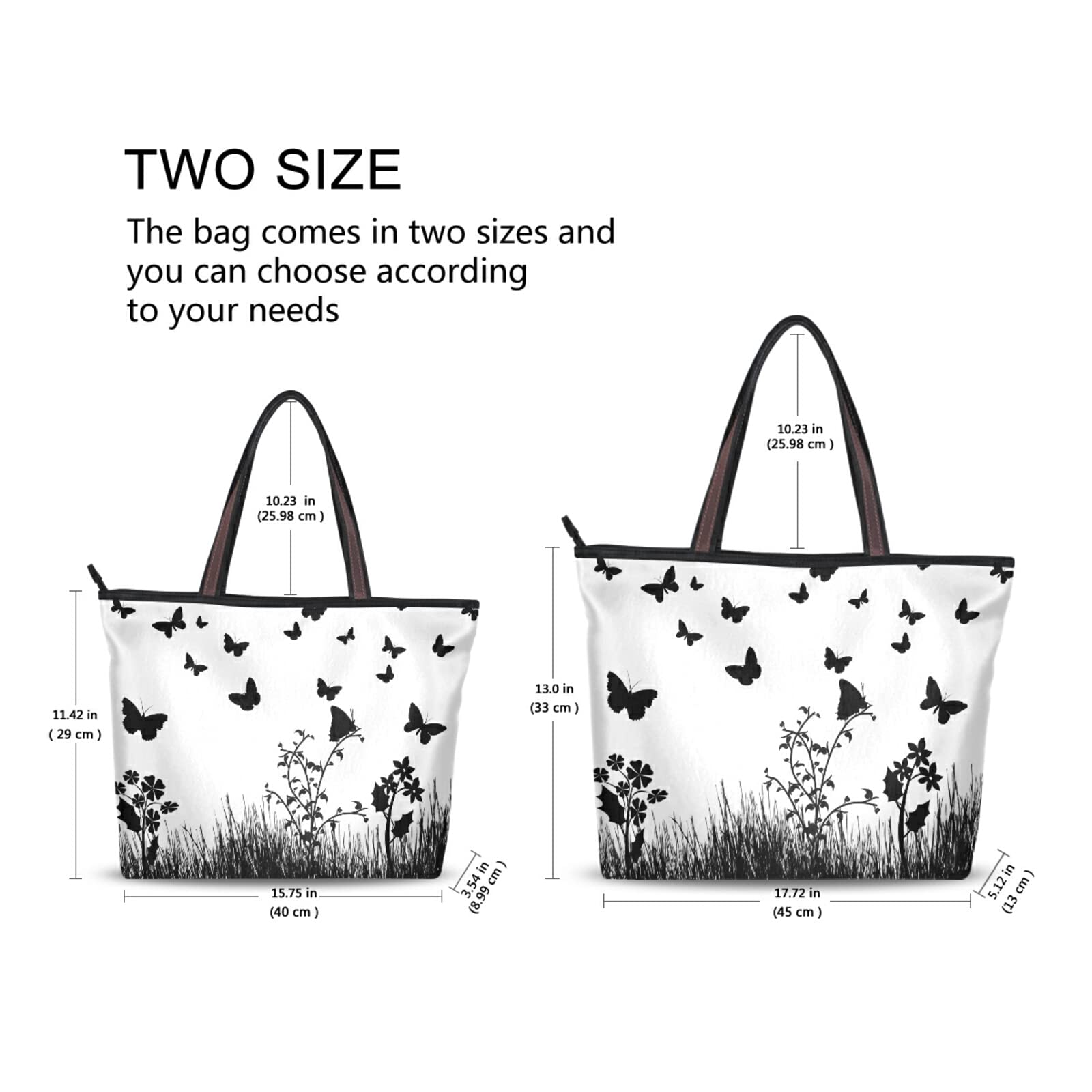 Tote Bag Black Butterfly Print, Large Capacity Zipper Women Grocery Bags Purse for Daily Life 2 Sizes