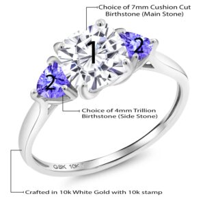 Gem Stone King 10K White Gold Multi Color Multi 3-Stone Engagement Ring For Women (1.92 Cttw, 7MM Cushion and 4MM Trillion, Available In Size 5, 6, 7, 8, 9)