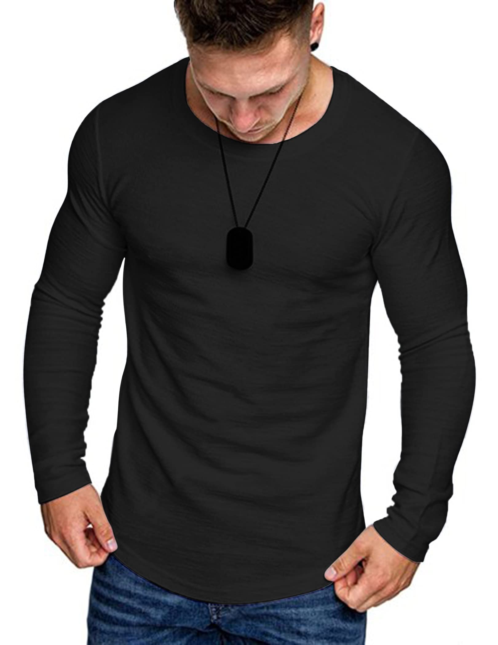 COOFANDY Men 2 Pack Fitted Muscle T Shirt Gym Workout Athletic Long Sleeves Tee Black/White