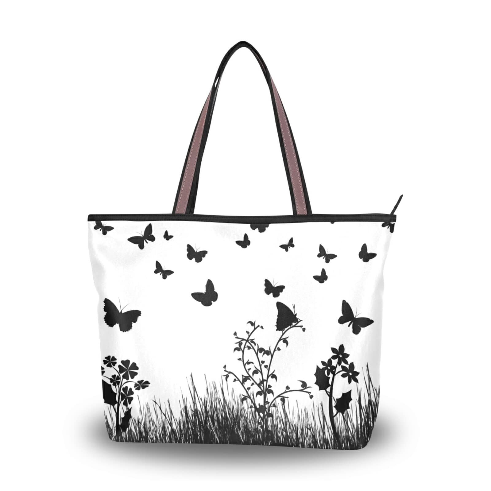 Tote Bag Black Butterfly Print, Large Capacity Zipper Women Grocery Bags Purse for Daily Life 2 Sizes